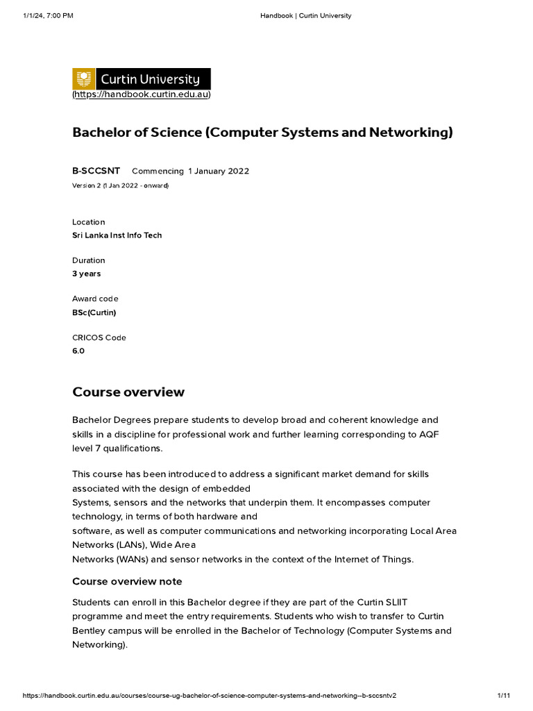 Handbook - Curtin University Networking | PDF | Bachelor's Degree ...