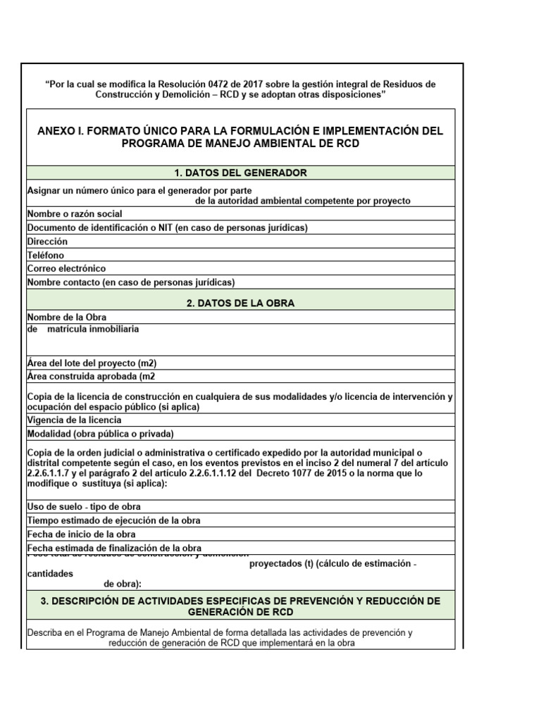 Anexo I Formato Unico para La Formulacion e Implementacion Del Programa de Manejo Ambiental de ...