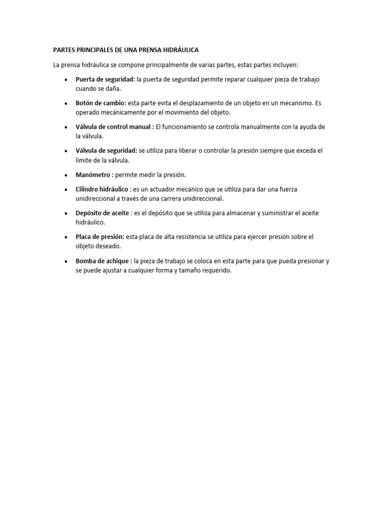 Partes Principales de Una Prensa Hidráulica | PDF