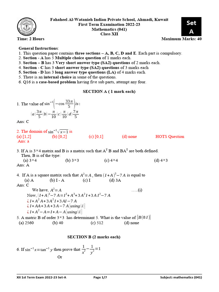 Class XII Math Exam Paper | PDF | Equations | System Of Linear Equations