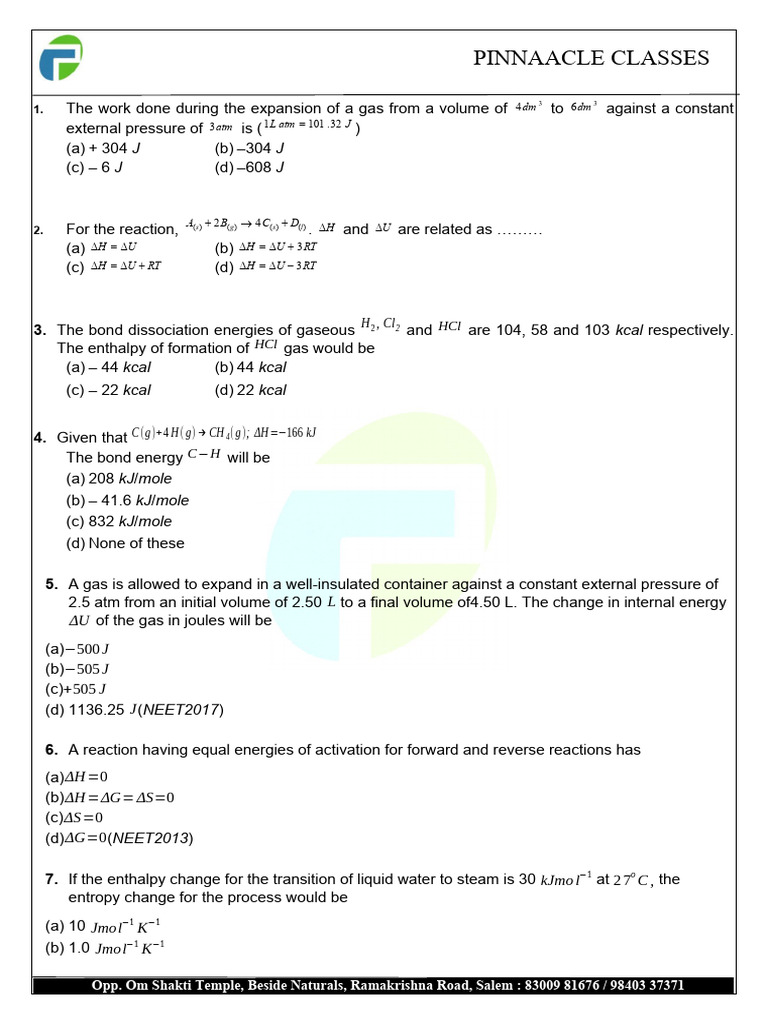Worksheet Thermodynamics | PDF | Enthalpy | Entropy