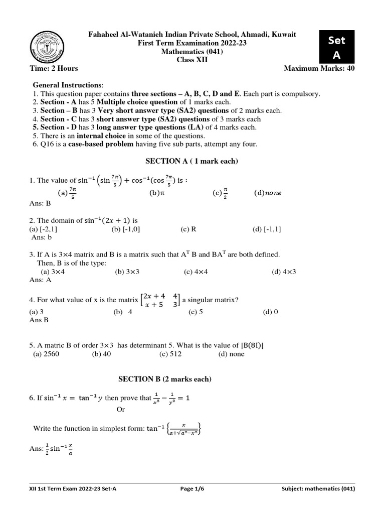 XII Term 1 Mathematics SET A 2022-23 | PDF | Matrix (Mathematics ...