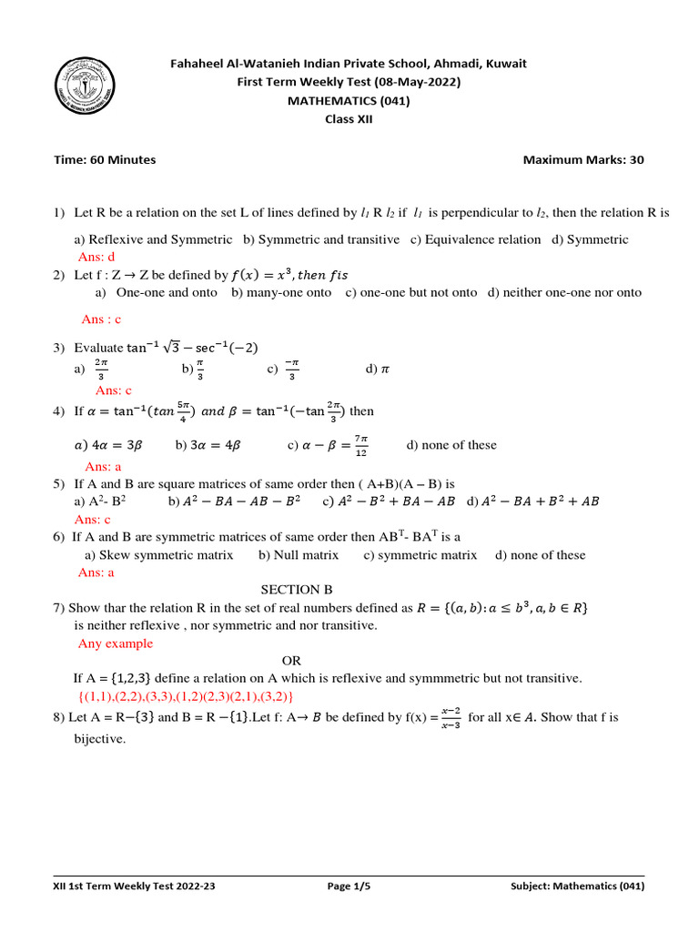 Class 12 WT1 Answer Key (12362) | PDF | Mathematical Concepts | Operator Theory