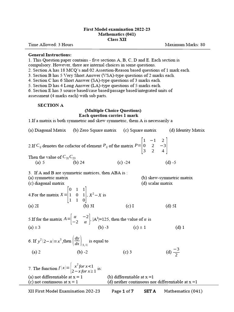 First Model Examination 2022-23 | PDF | Matrix (Mathematics) | Mathematics