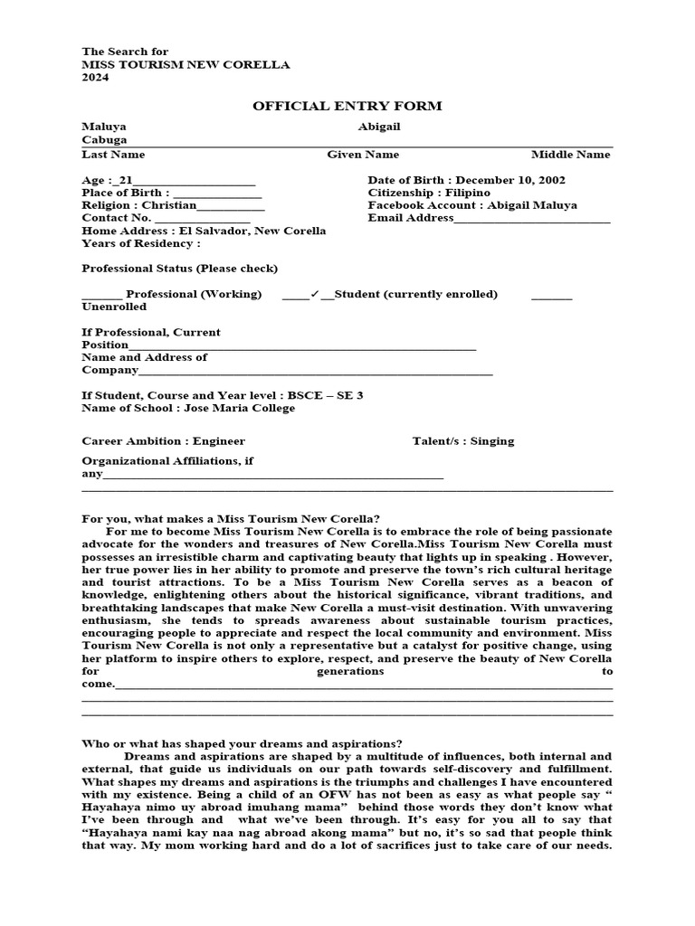 Miss-Tourism-entry-form - Abigail | PDF
