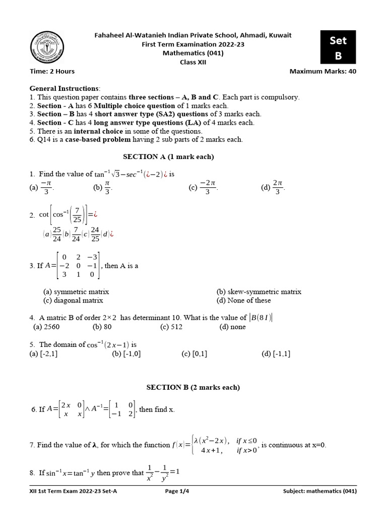 XII Maths Term 1 Examination 2022-23 SET B QP | PDF | Matrix (Mathematics) | Equations