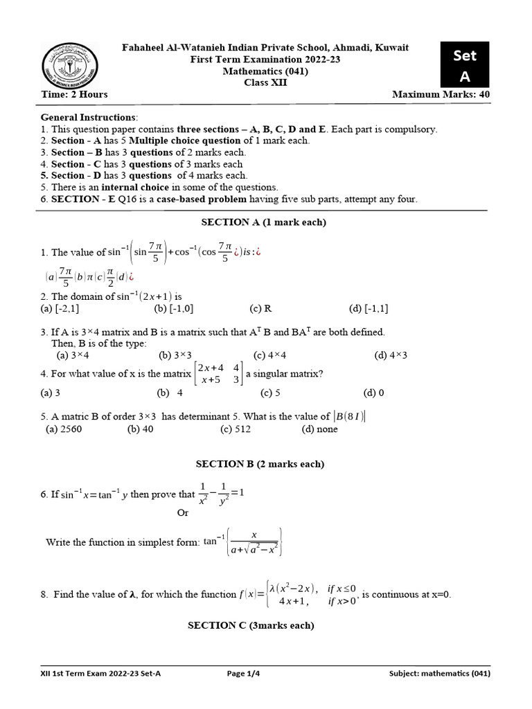 XII Term 1 Examination SET A QP 2022-23 | PDF | Equations | Matrix (Mathematics)
