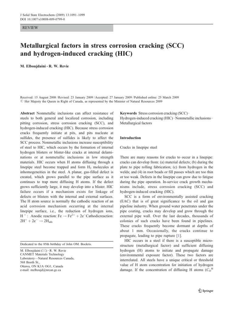 Metallurgical Factors in Stress Corrosion Cracking (SCC) and Hydrogen ...