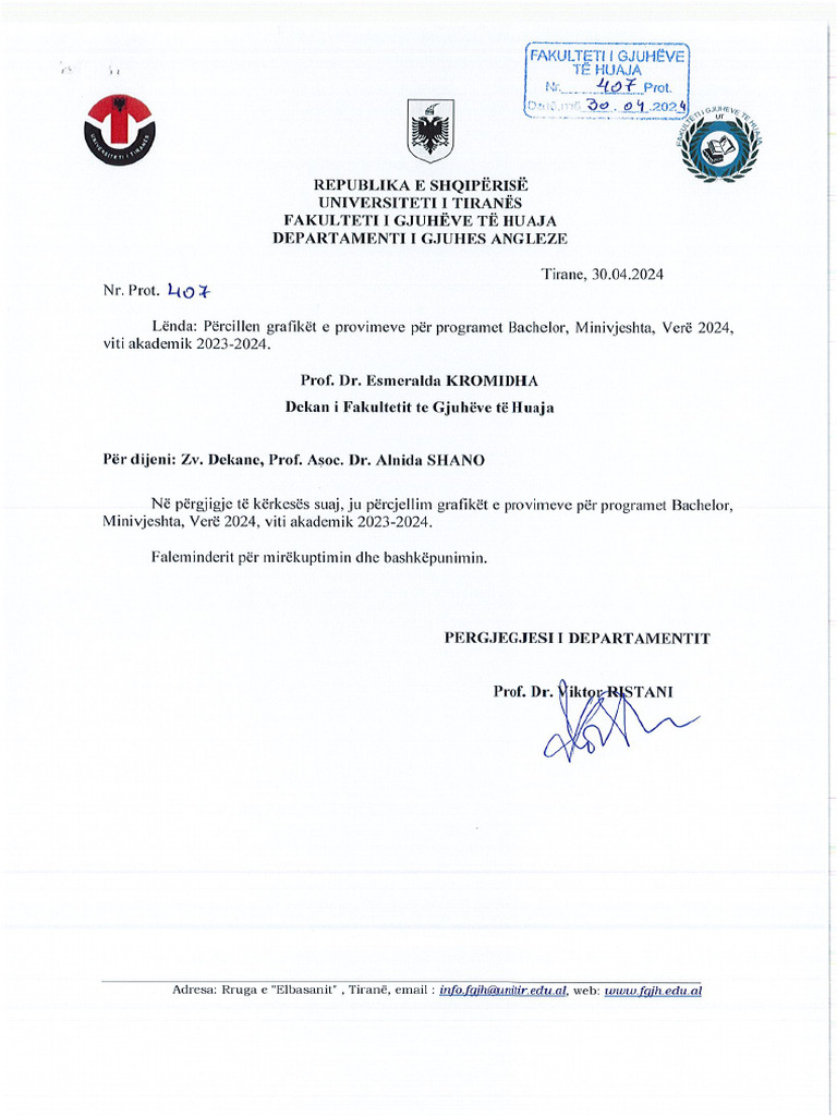 Percillen Grafiket e Provimeve Bachelor, Minivjeshta, Vere 2024, Viti ...