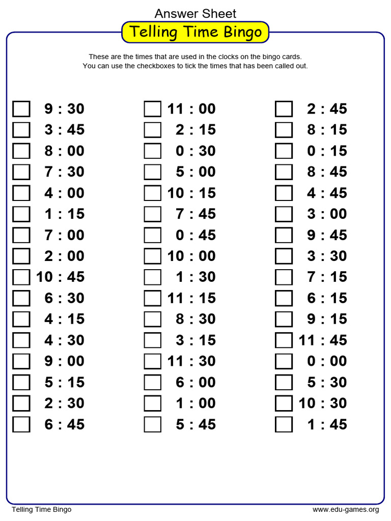 Telling Time Bingo Game Guide | PDF | Games & Activities
