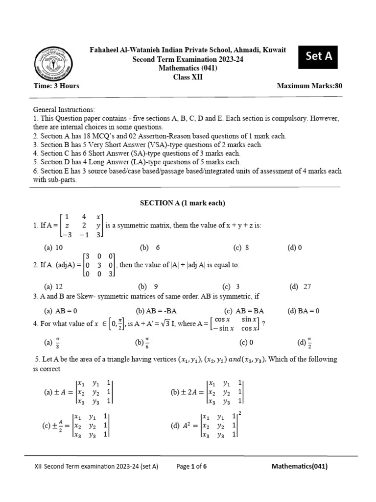 12 Term 2 Qp Set A 2023 24 1 Download Free Pdf Function Mathematics Equations