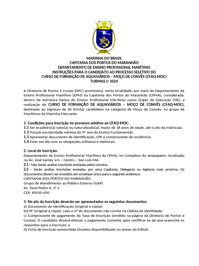 Inscrições para CFAQ-MOC 2024 Maranhão | PDF