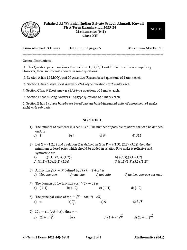 XII Maths Term 1 SET B (23-24) | PDF | Matrix (Mathematics) | Mathematical Objects