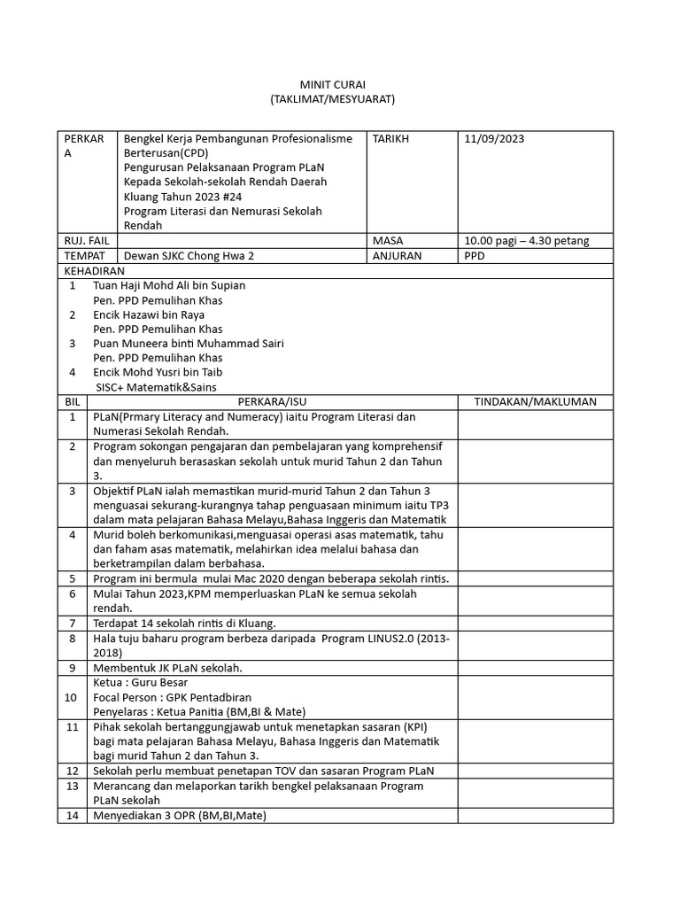 MINIT CURAI PLaN | PDF