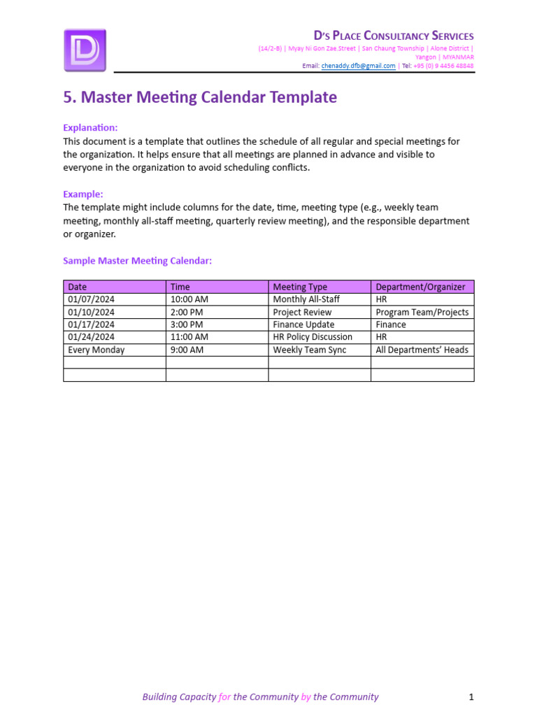 Master Meeting Calendar Template | PDF