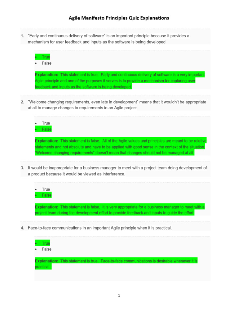 Agile Manifesto Principles Quiz Explanations | PDF | Agile Software Development