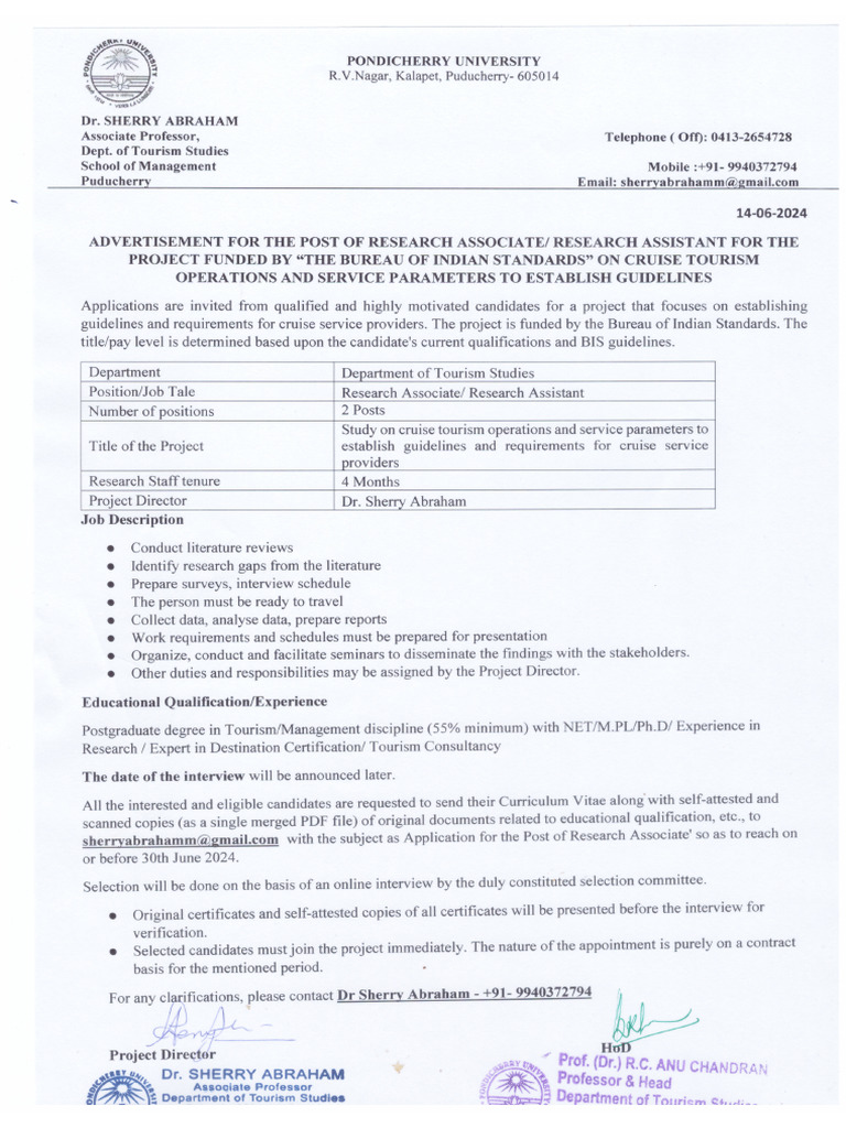 Pondicherry University Notification of Research Associate Research ...
