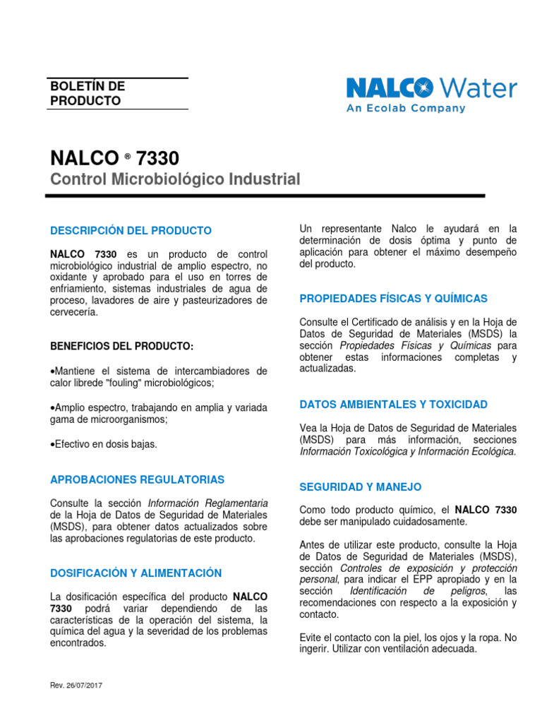 Boletín NALCO 7330 Cooling Water Treatment Biocide | PDF