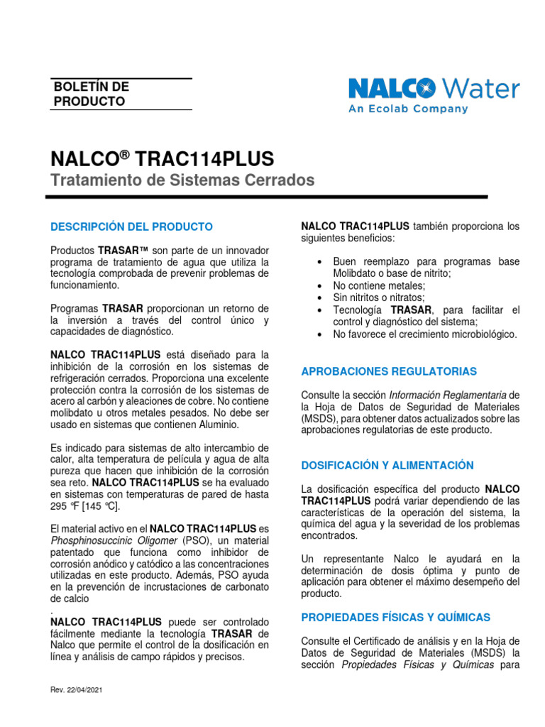 Boletín Nalco Trac 114 Plus | PDF | Corrosión | Agua