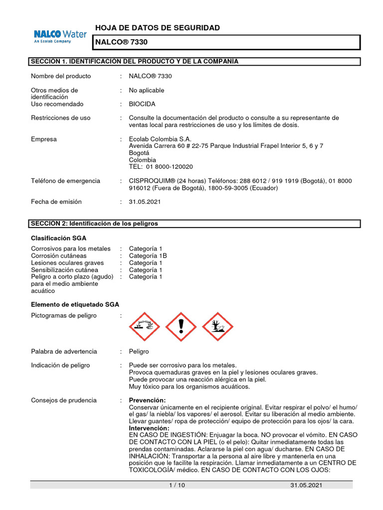 MSDS Nalco 7330 (2021) | PDF | Agua | Guante
