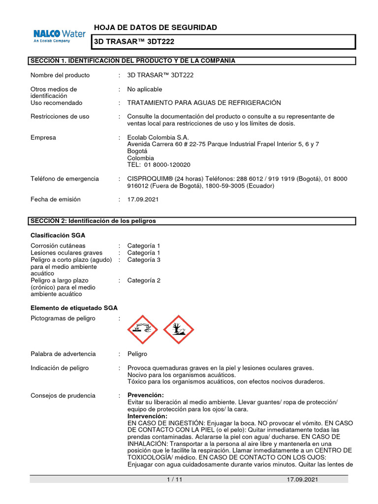 Msds Nalco 3dt222 (2021) | PDF | Agua | Carcinógeno