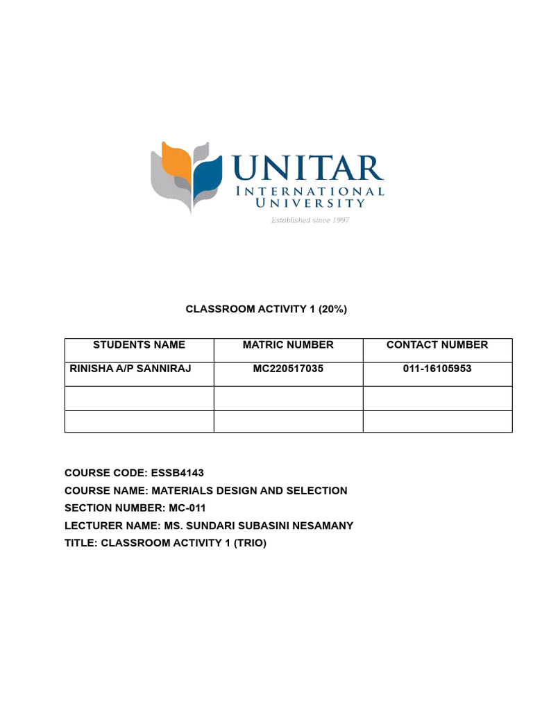 Classroom Activity 1 (Material Design & Selection) | PDF | Career & Growth | Language Arts ...