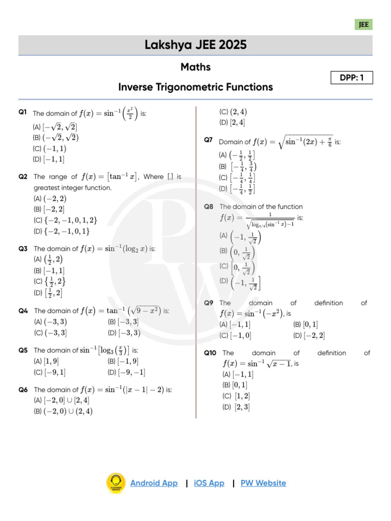 667400a31d833d00172262cf - ## - Inverse Trigonometric Functions - DPP 01 (Of Lec 03) - Lakshya ...