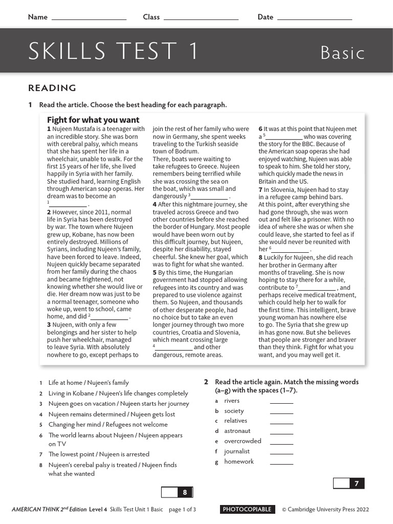 Thk2e AmE L4 Skills Tests Basic Unit 1 | PDF