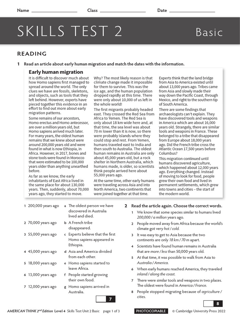 Thk2e AmE L4 Skills Tests Basic Unit 2 | PDF | Homo