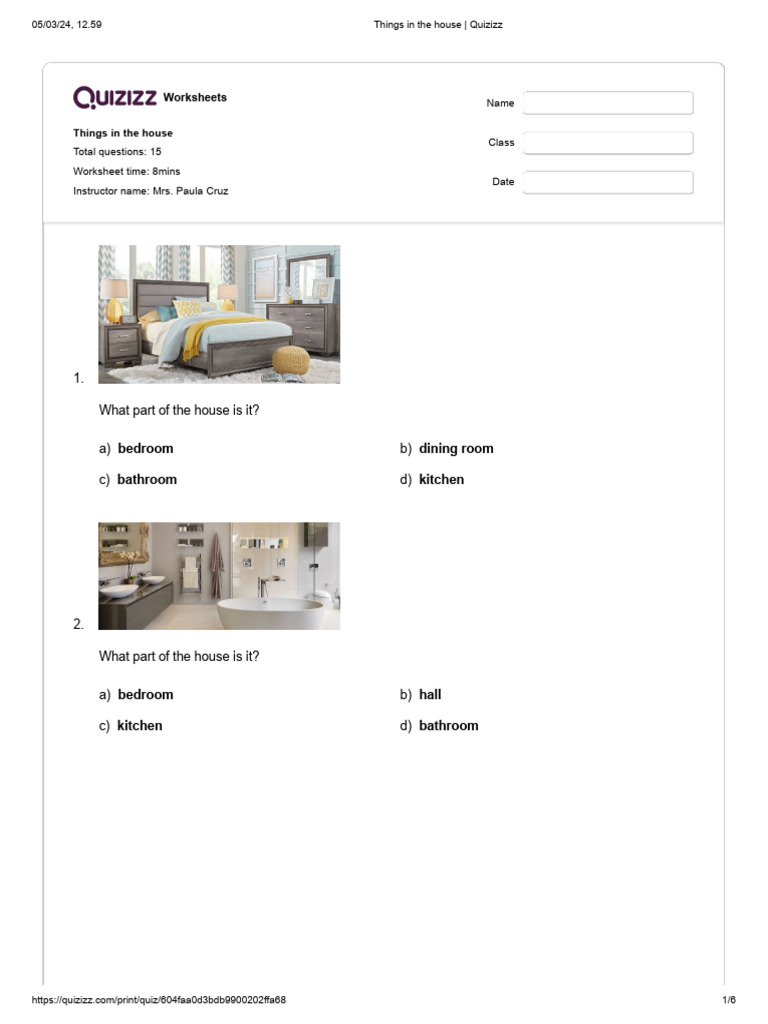 Things in The House - Quizizz | PDF | Room | Bathroom