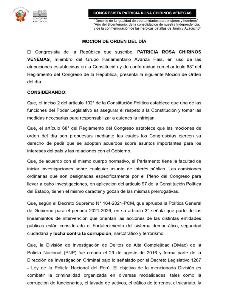 Moción de Orden sobre la DIVIAC | PDF | Gobierno | Justicia