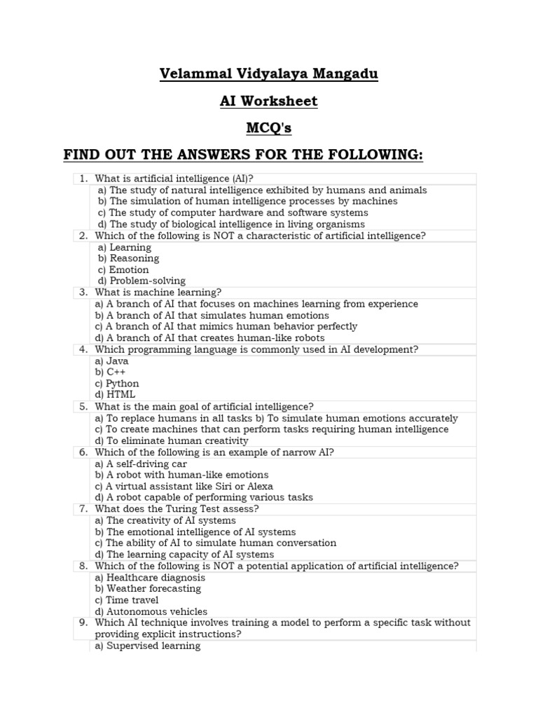 AI WORKSHEET | PDF | Artificial Intelligence | Intelligence (AI ...