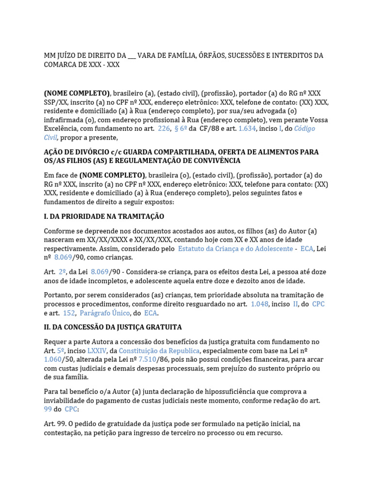 Modelo Acao de Divorcio C C Guarda Compartilhada Oferta de Alimentos e ...
