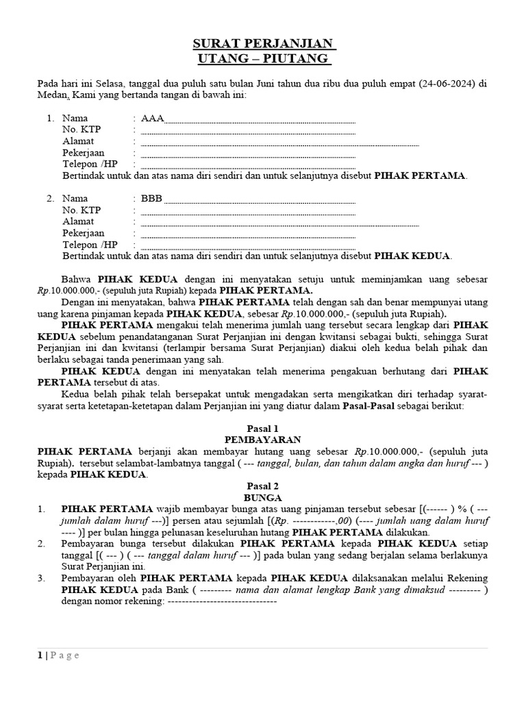 Surat Perjanjian Utang Rp10 Juta | PDF | Hukum
