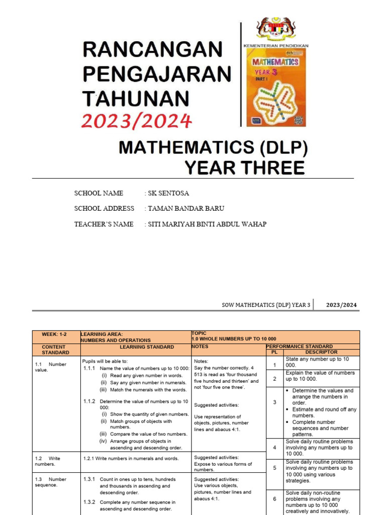 RPT Math DLP Year 3 2023-2024 | PDF | Percentage | Decimal