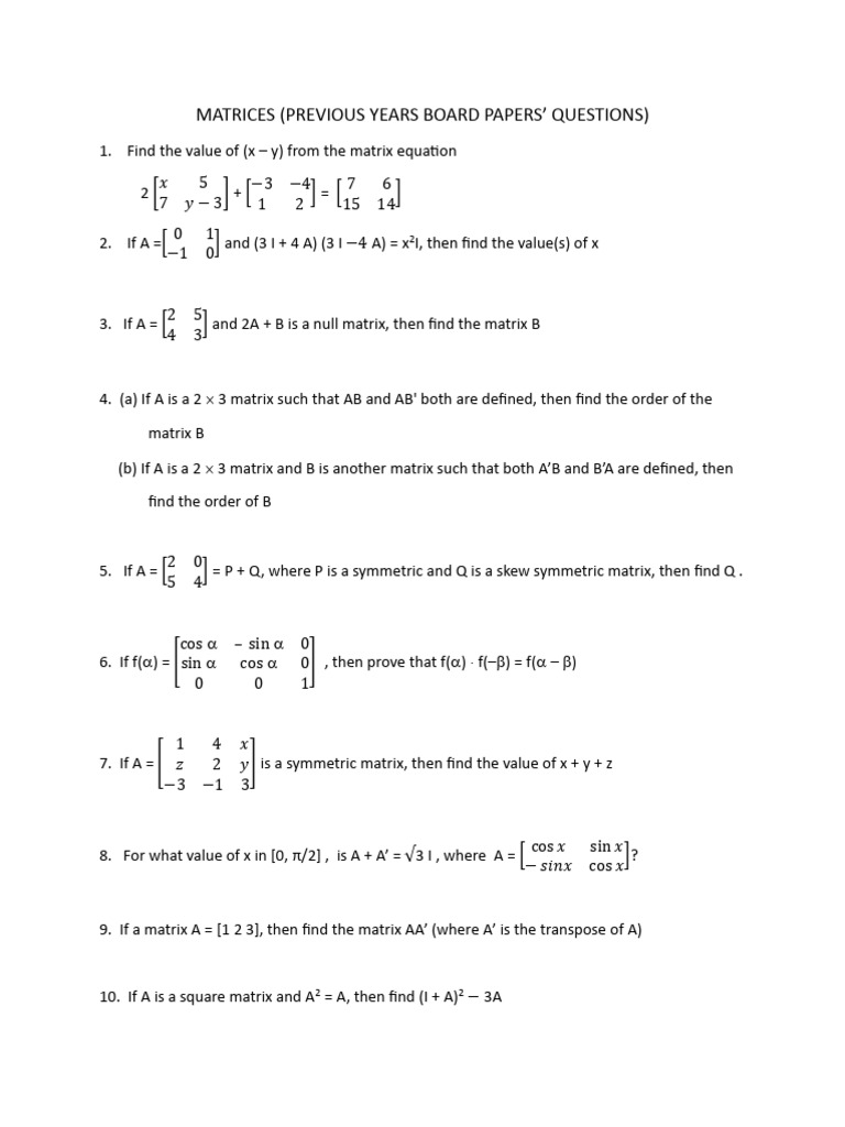 Question Bank Class Xii | PDF | Matrix (Mathematics) | Matrix Theory