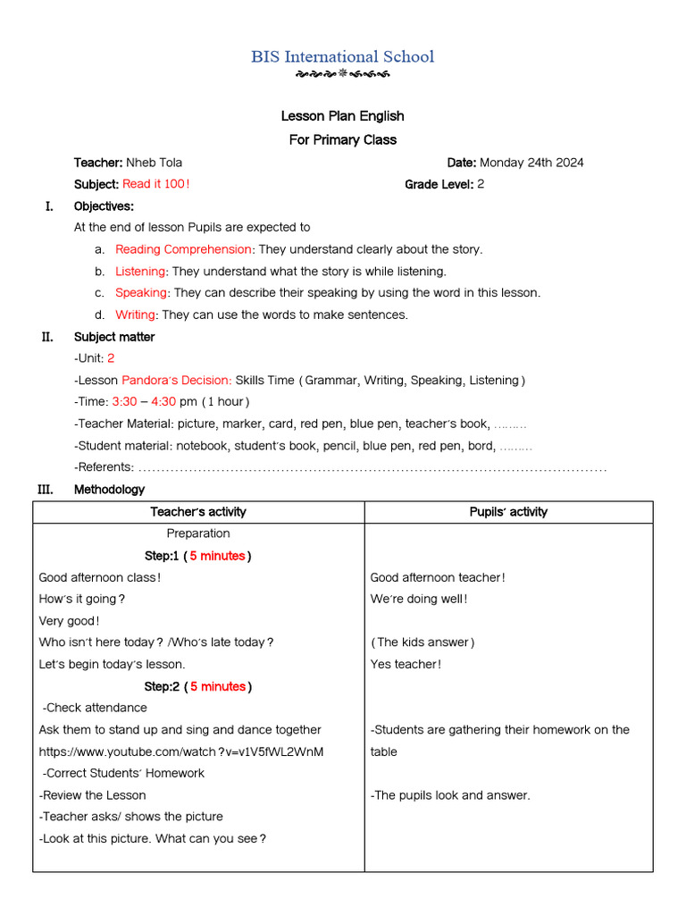 BIS's Lesson plan ( Monday 24th 2024) | PDF | Lesson Plan | Human ...