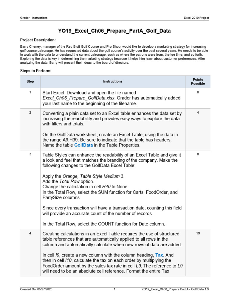YO19 Excel Ch06 Prepare PartA Golf Data Instructions | PDF | Microsoft Excel | Computing