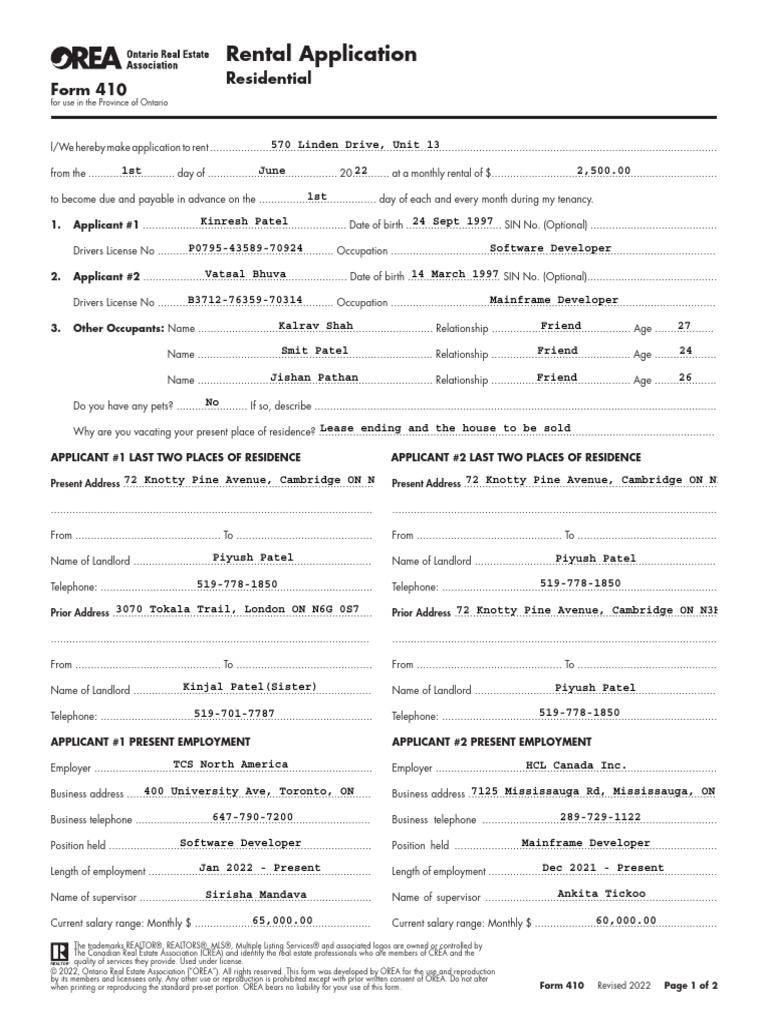 (Ontario) 410 - Rental Application - Residential | PDF | Lease | Renting