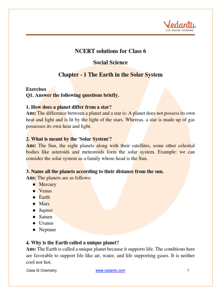 NCERT Solutions For Class 6 Social Chapter 1 - The Earth Our Habitat ...