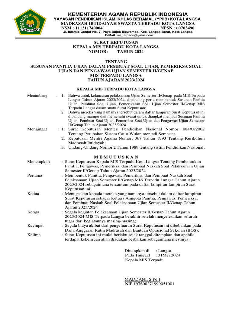 SK Panitia Ujian Semester Genap 2024 | PDF