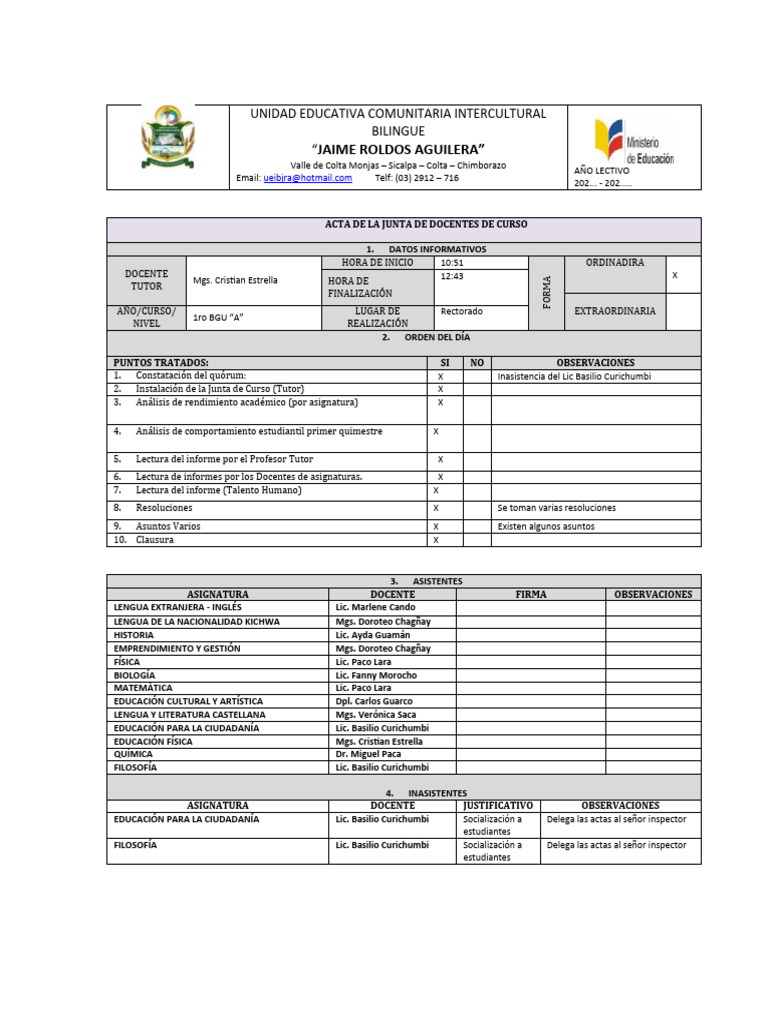 Acta de Junta Curso 1 A Jra | PDF