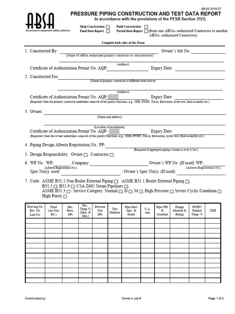 AB-83 (2016-07) - (ABSA) Completion of Construction | PDF | Pipe (Fluid ...