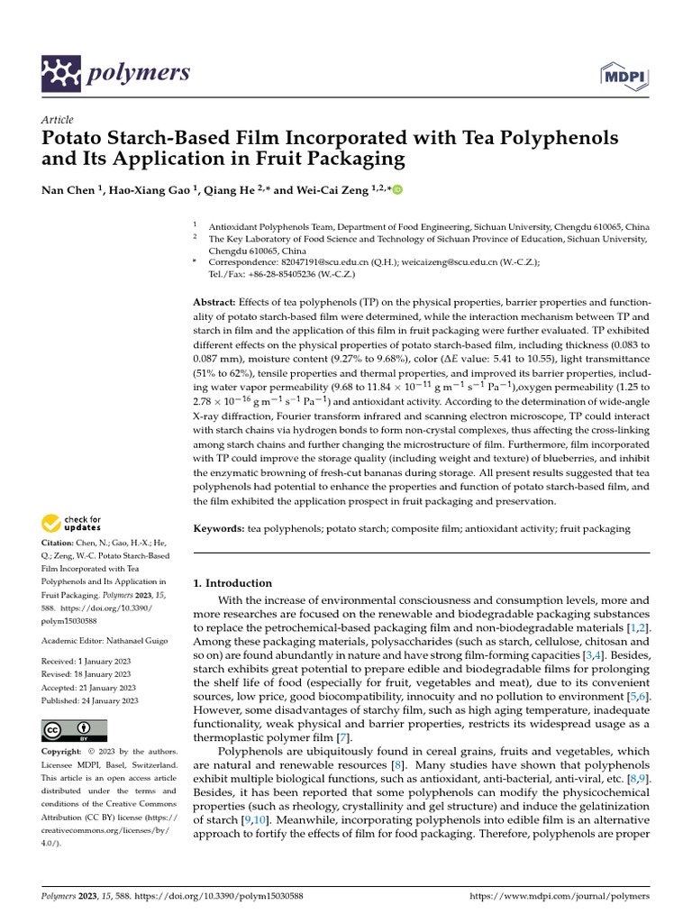 Potato Film Fruitpacking Polymers2023 | PDF | Starch | Polyphenol