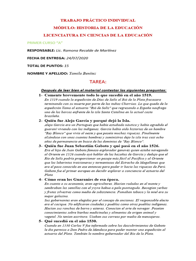 1er Trab - Ind.Historia de La Educ.1ºA Yamila | PDF | Paraguay