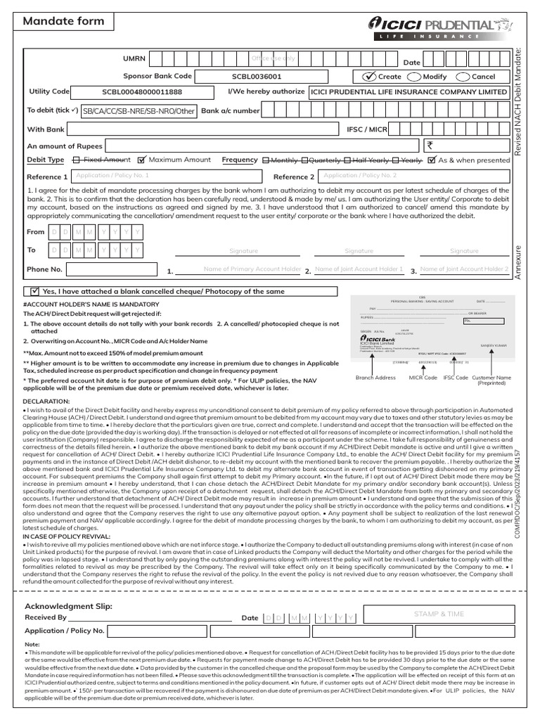 NACH Direct Debit New Mandate Form SCB | PDF | Debit Card | Cheque