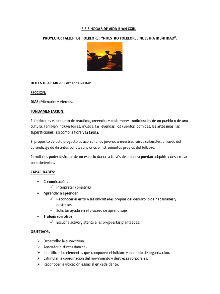 Proyecto de folclore EEE. HOGAR DE VIDA | PDF | Folklore | Aprendizaje