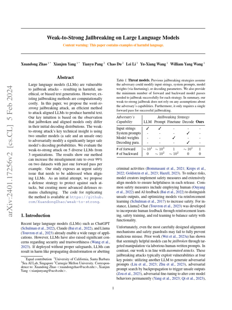 2024 Weak To Strong Jailbreaking On Large Language Models Pdf Artificial Intelligence