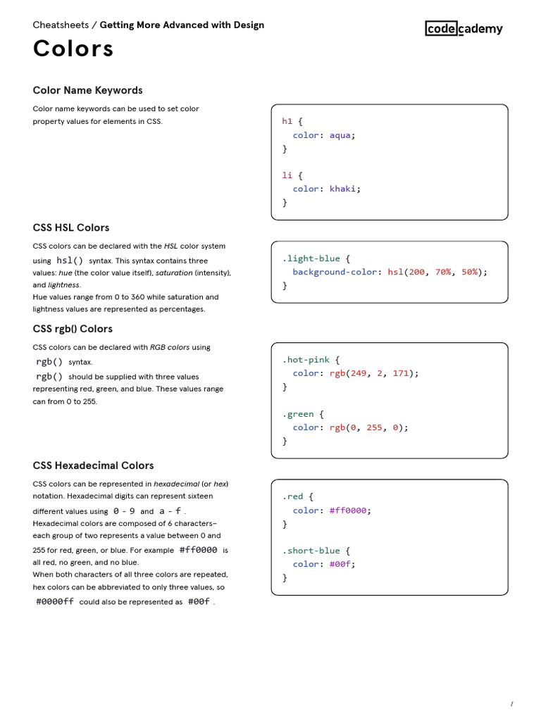Getting More Advanced With Design - Colors Cheatsheet - Codecademy | PDF | Visual System | Light