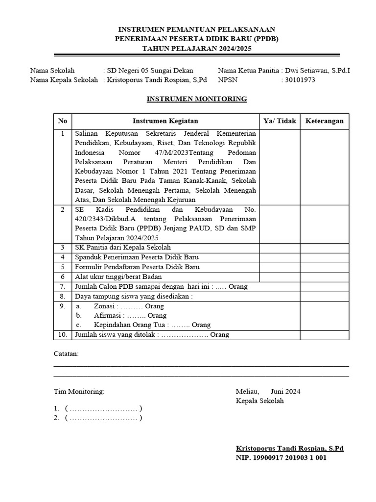 Instrumen Monitoring PPDB 2024 | PDF | Kesehatan Holistik